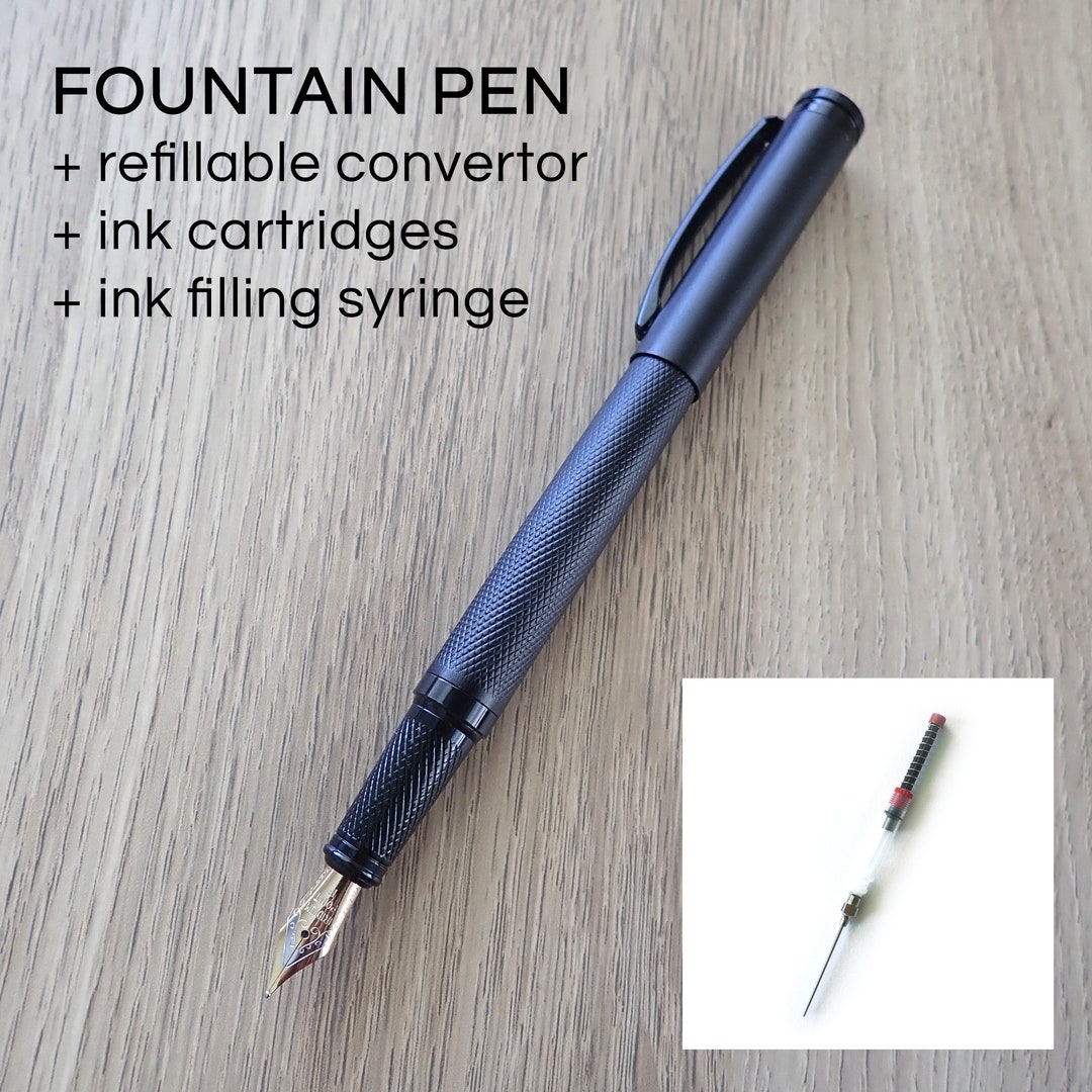 Black Fountain Pen F Nib W/ Convertor Cartridges Ink Fill Syringe ...