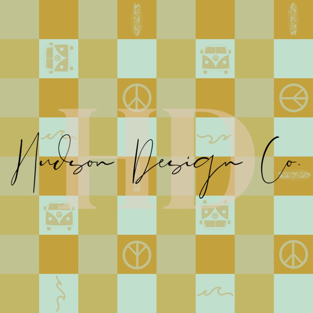 Orange Yellow Checker Print Vw Bus Waves Surfboard Peace Seamless File ...