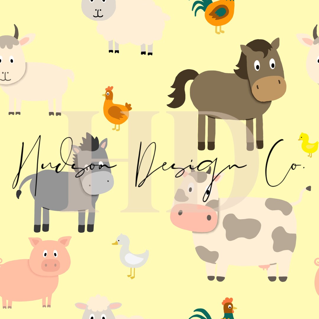Yellow Farm Animal Horse Cow Pig Chicken Duck Sheep Donkey Goat Print ...