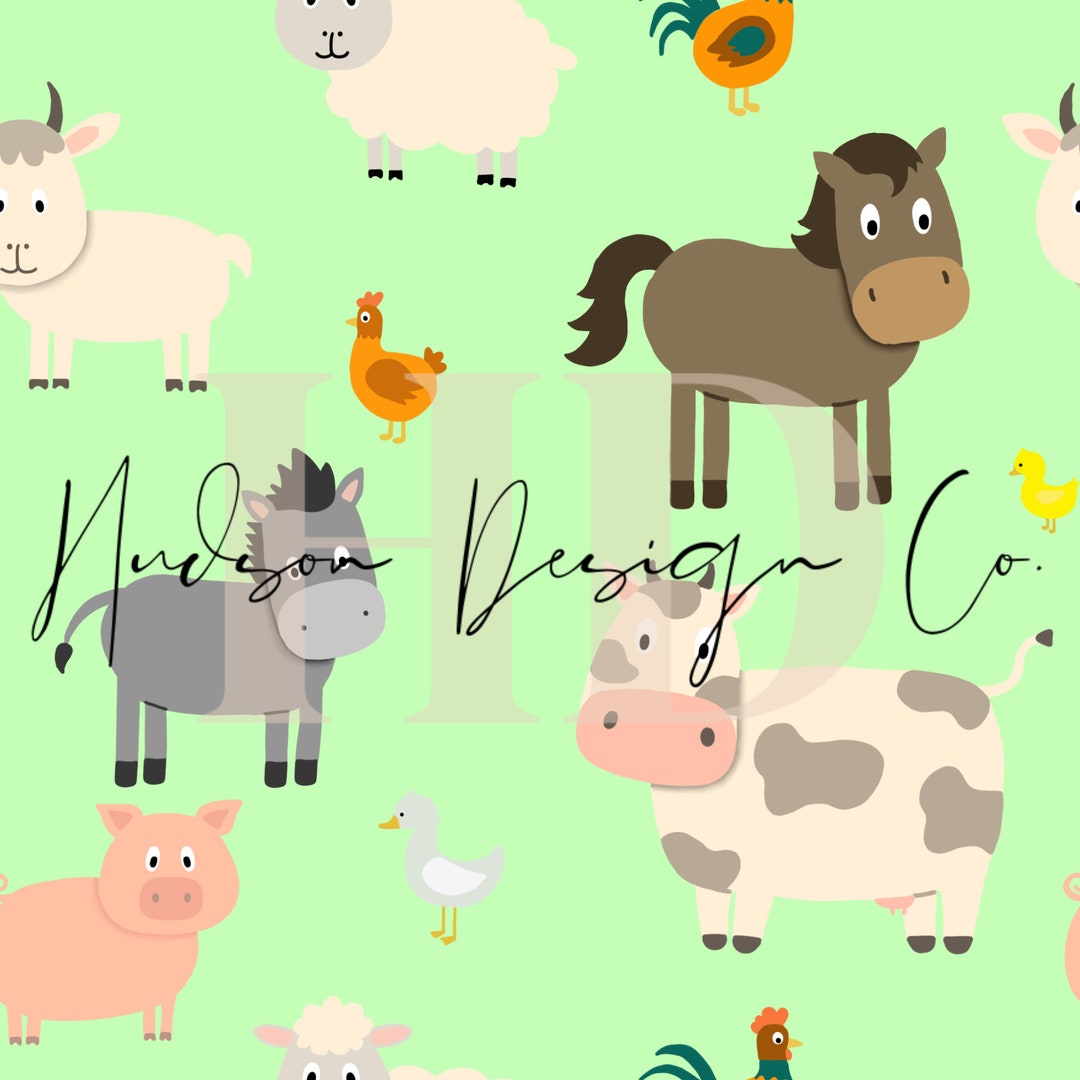 Green Farm Animal Horse Cow Pig Chicken Duck Sheep Donkey Goat Print ...