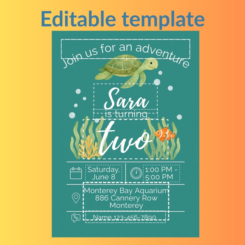 Editable Sea Turtle Birthday Invitation Template | Ocean Under the Sea ...