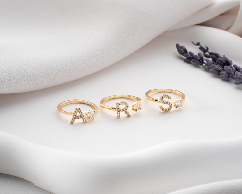 Pave Diamond Initial Ring: Personalized Letter Ring, Adjustable - Etsy