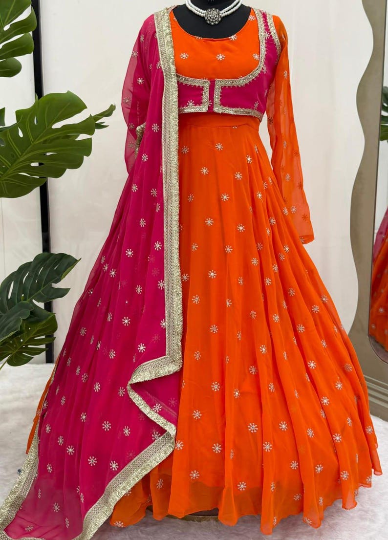 Embroidered Anarkali Gown With Koti, Pant & Dupatta: Indian Dress Set ...