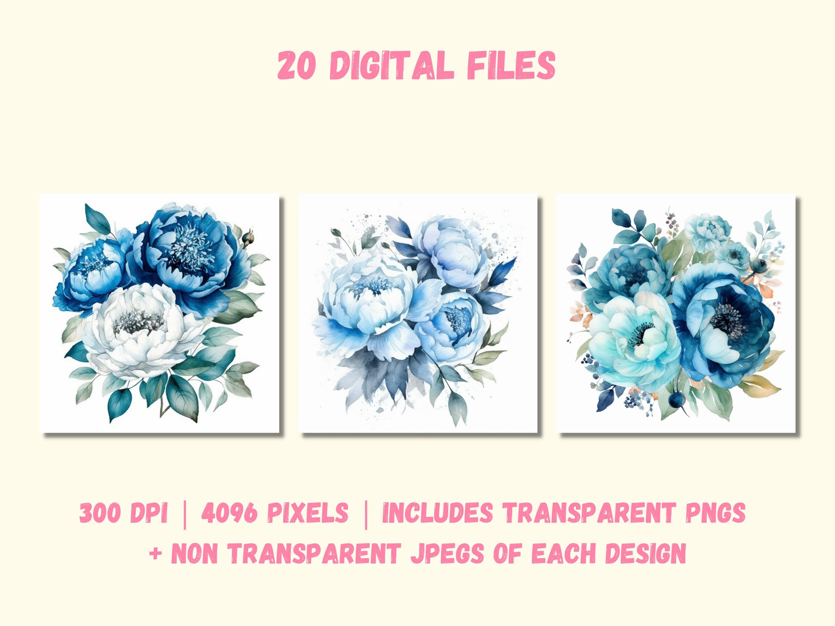 Watercolor Blue Peony Clipart Bundle of 20 Blue Peony Bouquet PNG ...