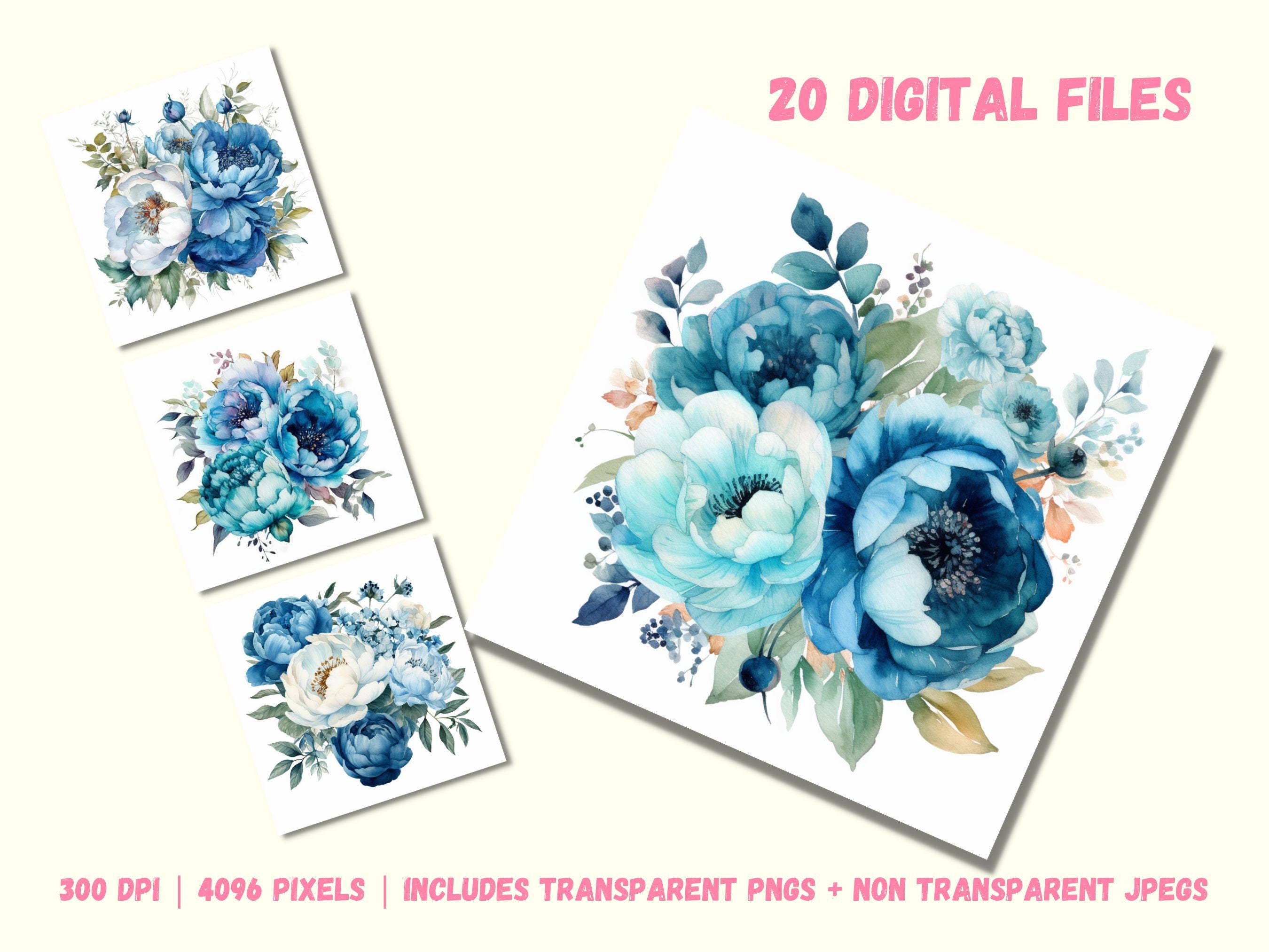 Watercolor Blue Peony Clipart Bundle of 20 Blue Peony Bouquet PNG ...