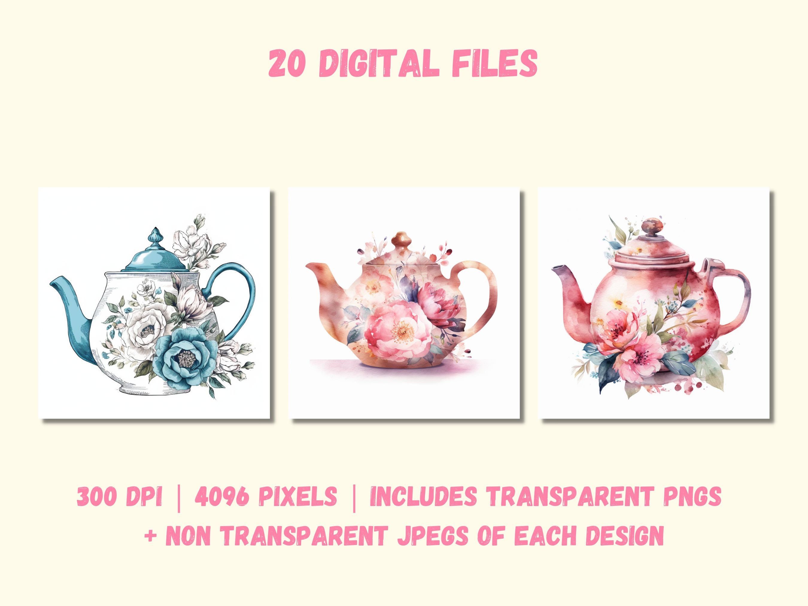 Floral Watercolor Teapot Clipart Bundle of 20 Vintage Watercolor Teapot ...