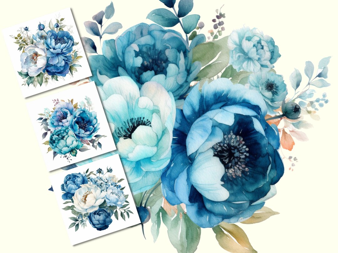 Watercolor Blue Peony Clipart Bundle of 20 Blue Peony Bouquet PNG ...