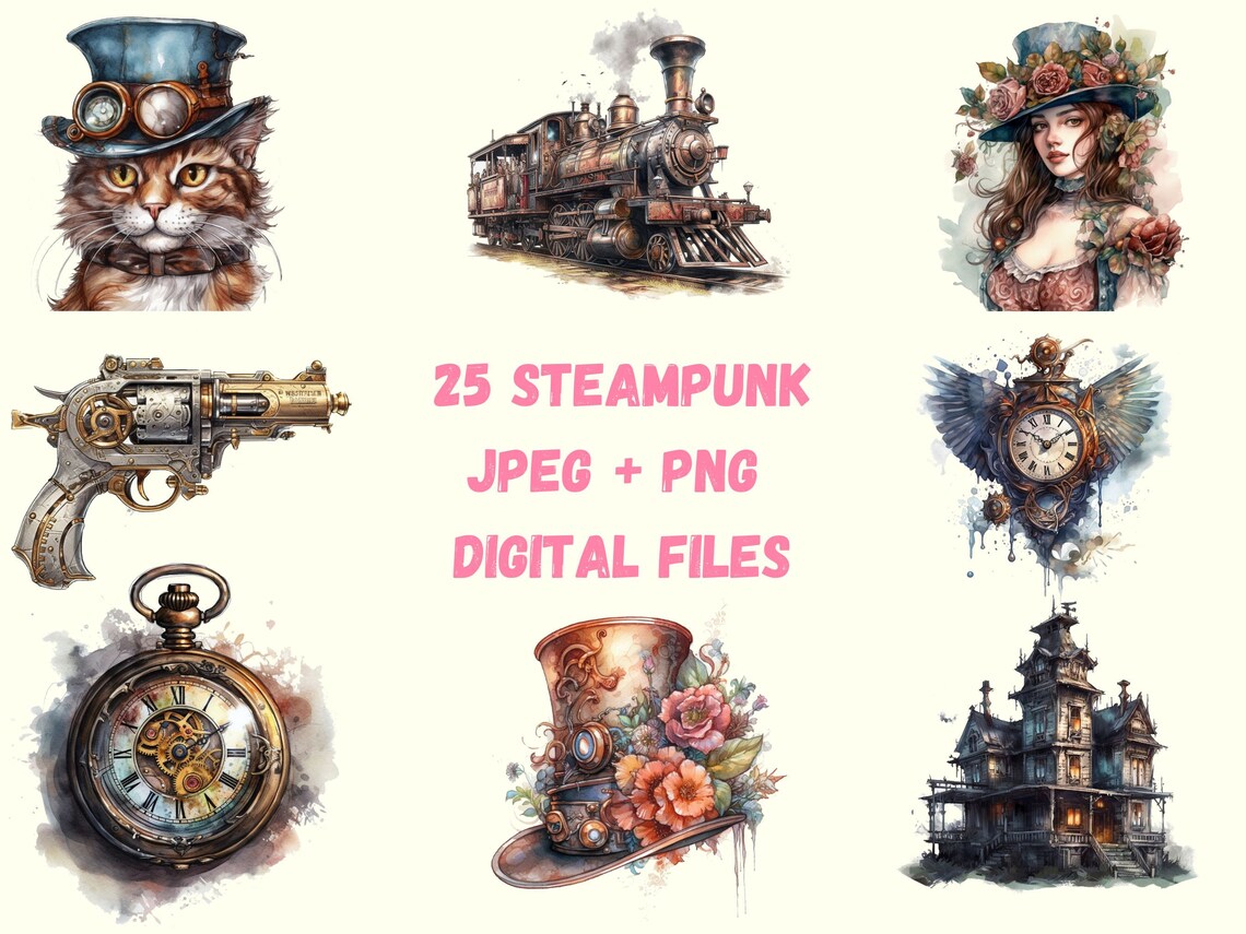 Watercolor Steampunk Clipart Bundle of 25 Sweet Steampunk PNG - Etsy