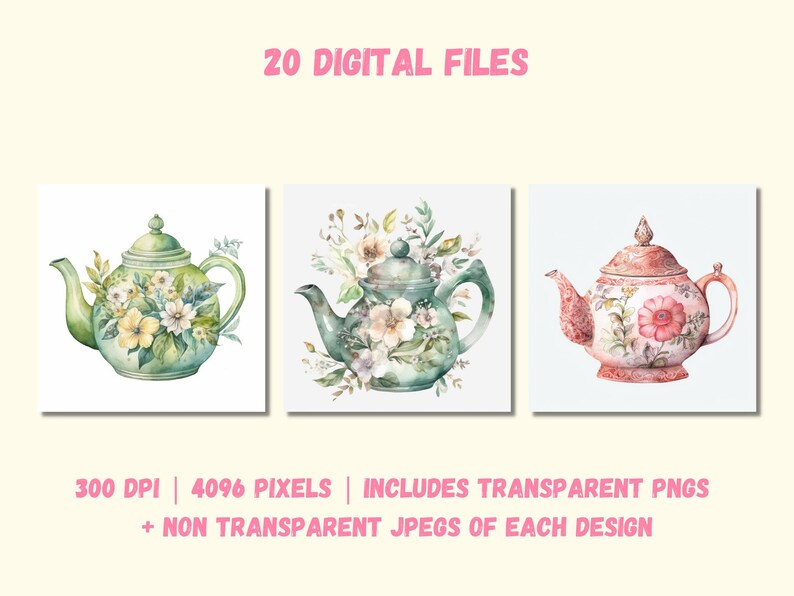 Floral Watercolor Teapot Clipart Bundle of 20 Vintage Watercolor Teapot ...