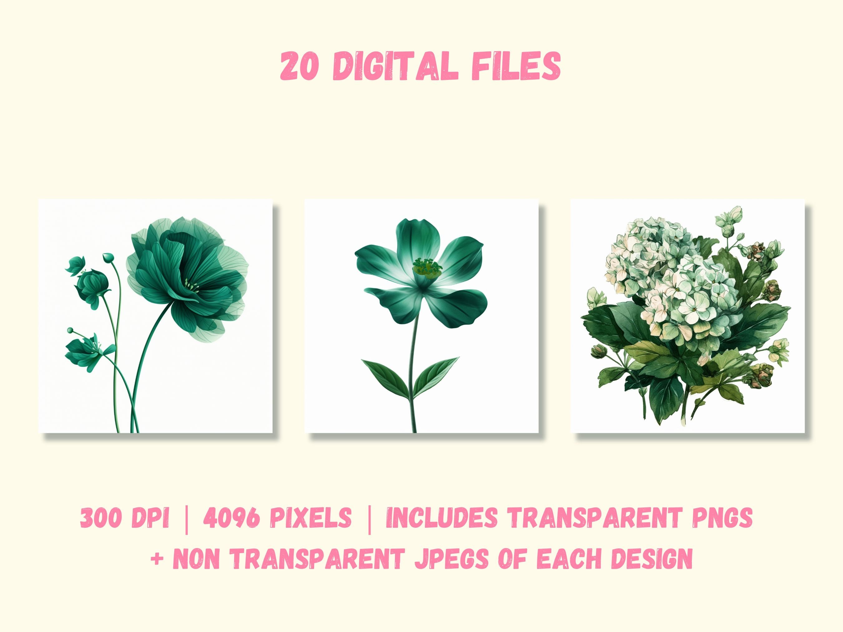 Emerald Flower Clipart Bundle of 20 Flower Clipart Watercolor Emerald ...