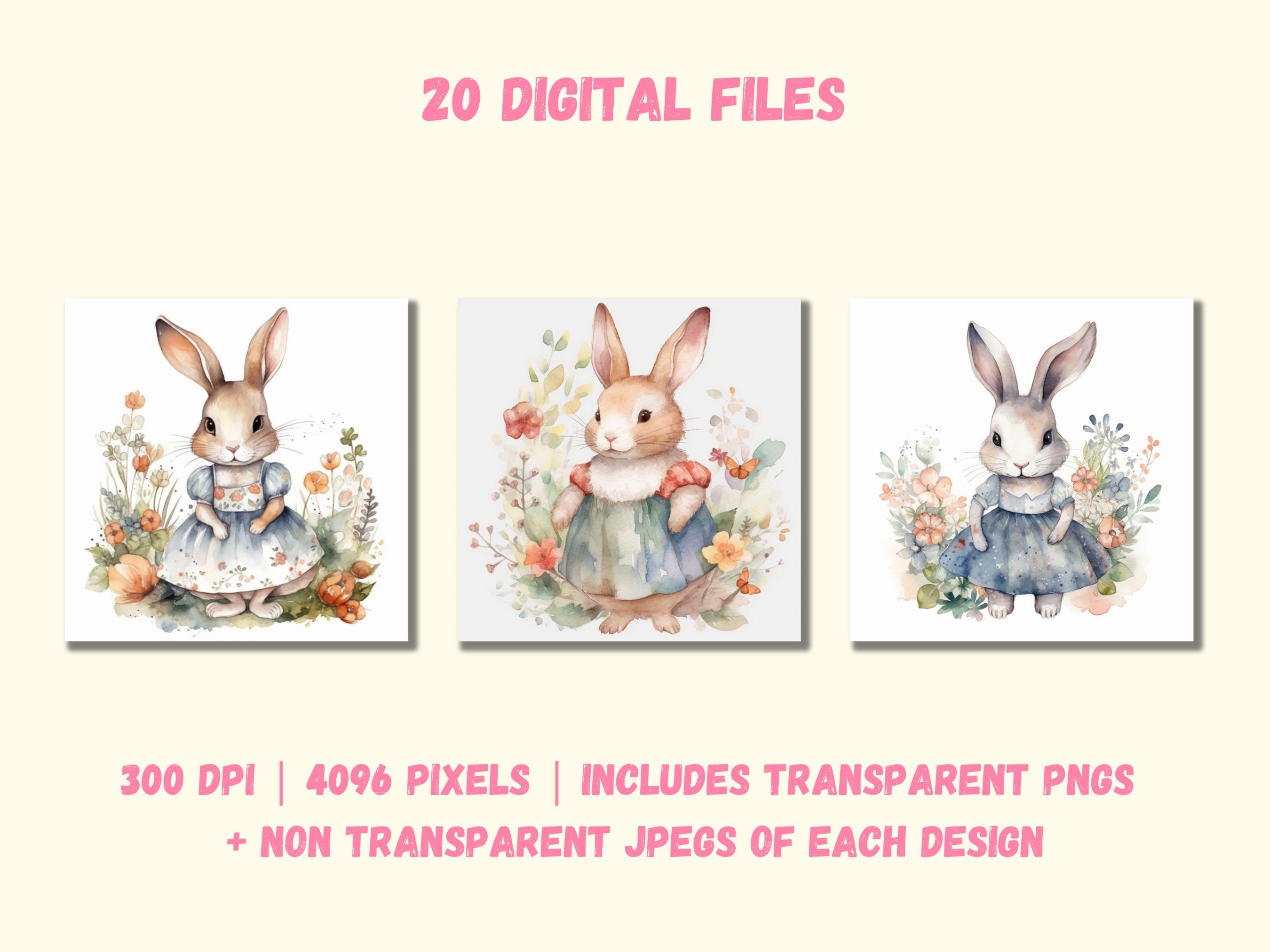 Cute Bunnies Wearing Dresses Clipart Bundle of 20 Cute Rabbits in ...
