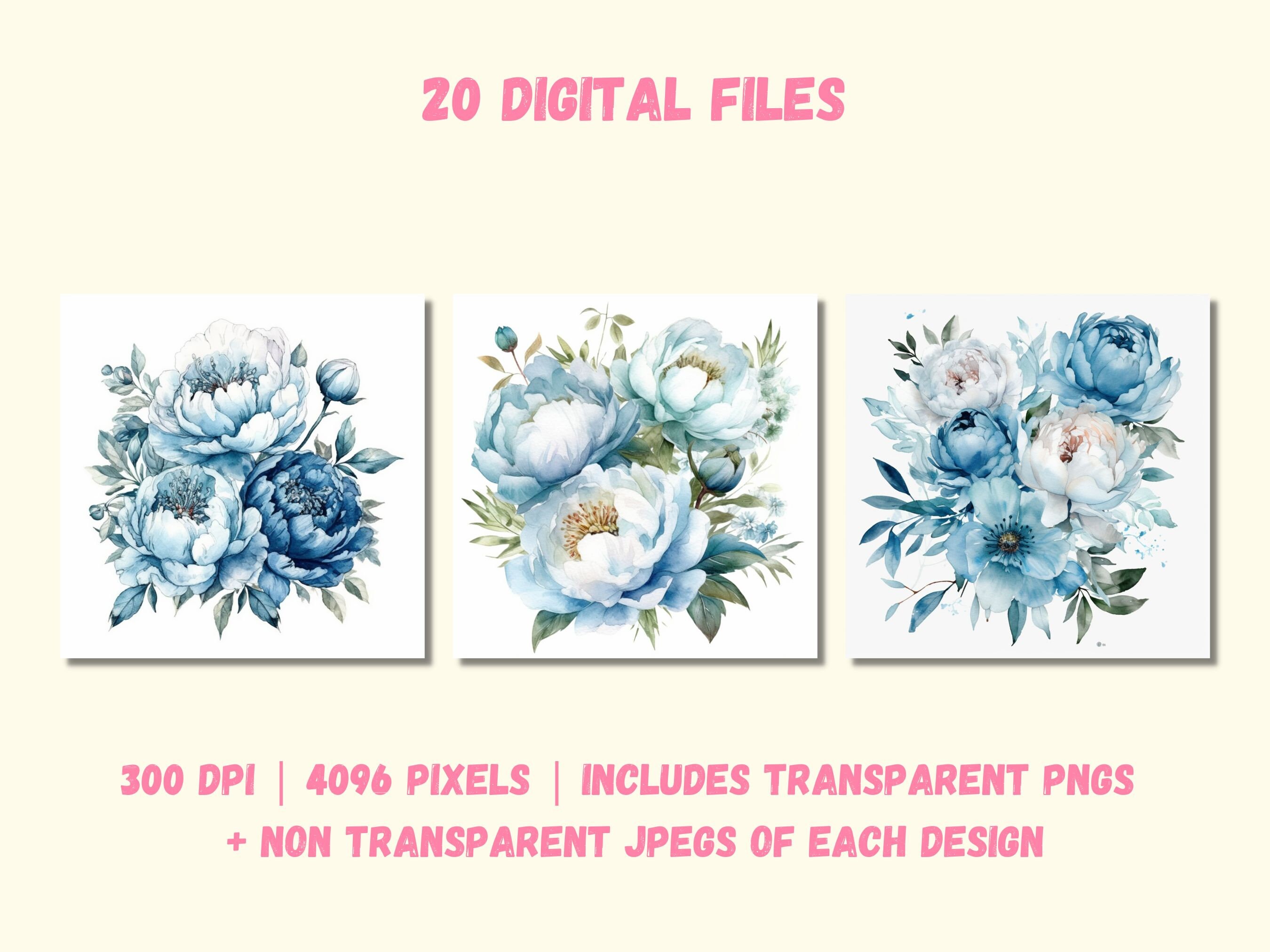 Watercolor Blue Peony Clipart Bundle of 20 Blue Peony Bouquet PNG ...