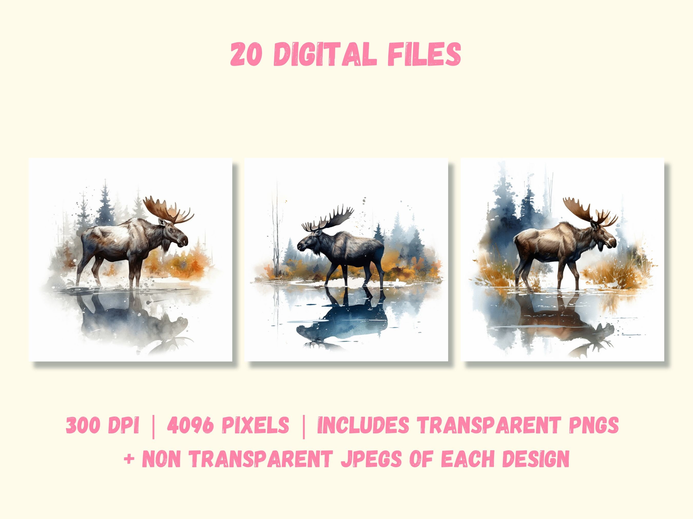 Watercolor Moose Clipart Bundle of 20 PNG Watercolor Moose Commercial ...