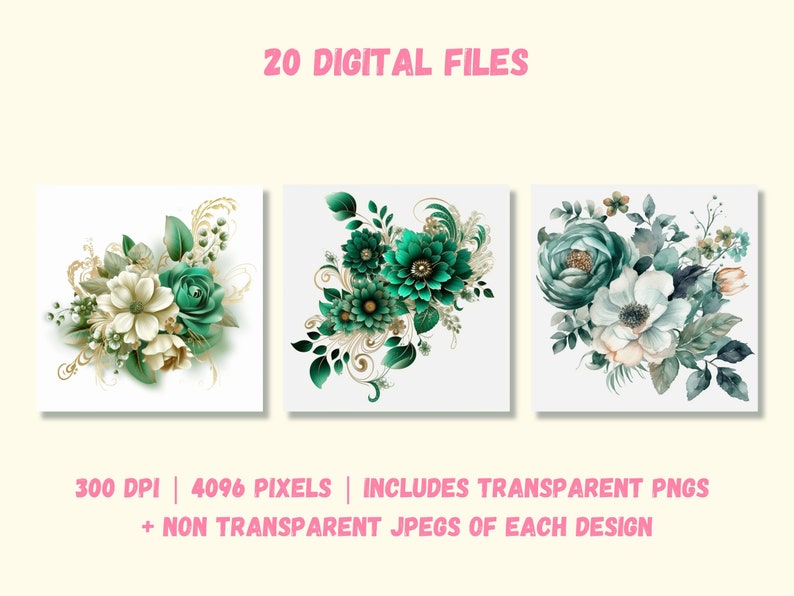 Emerald Flower Clipart Bundle of 20 Flower Clipart Watercolor Emerald ...