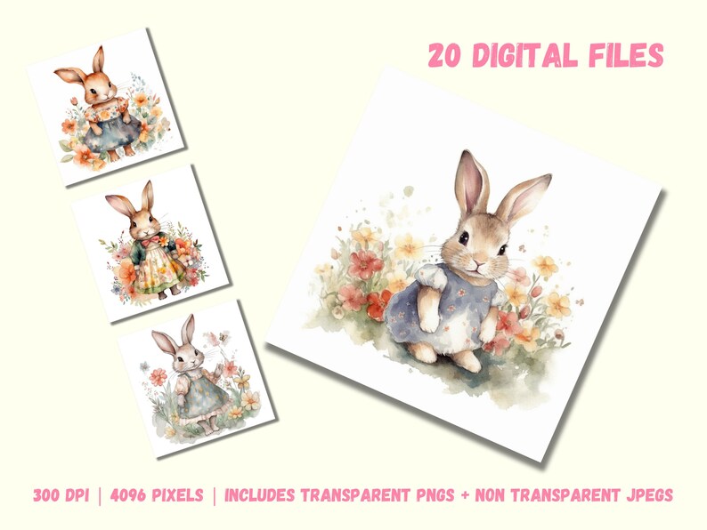 Cute Bunnies Wearing Dresses Clipart Bundle of 20 Cute Rabbits in ...