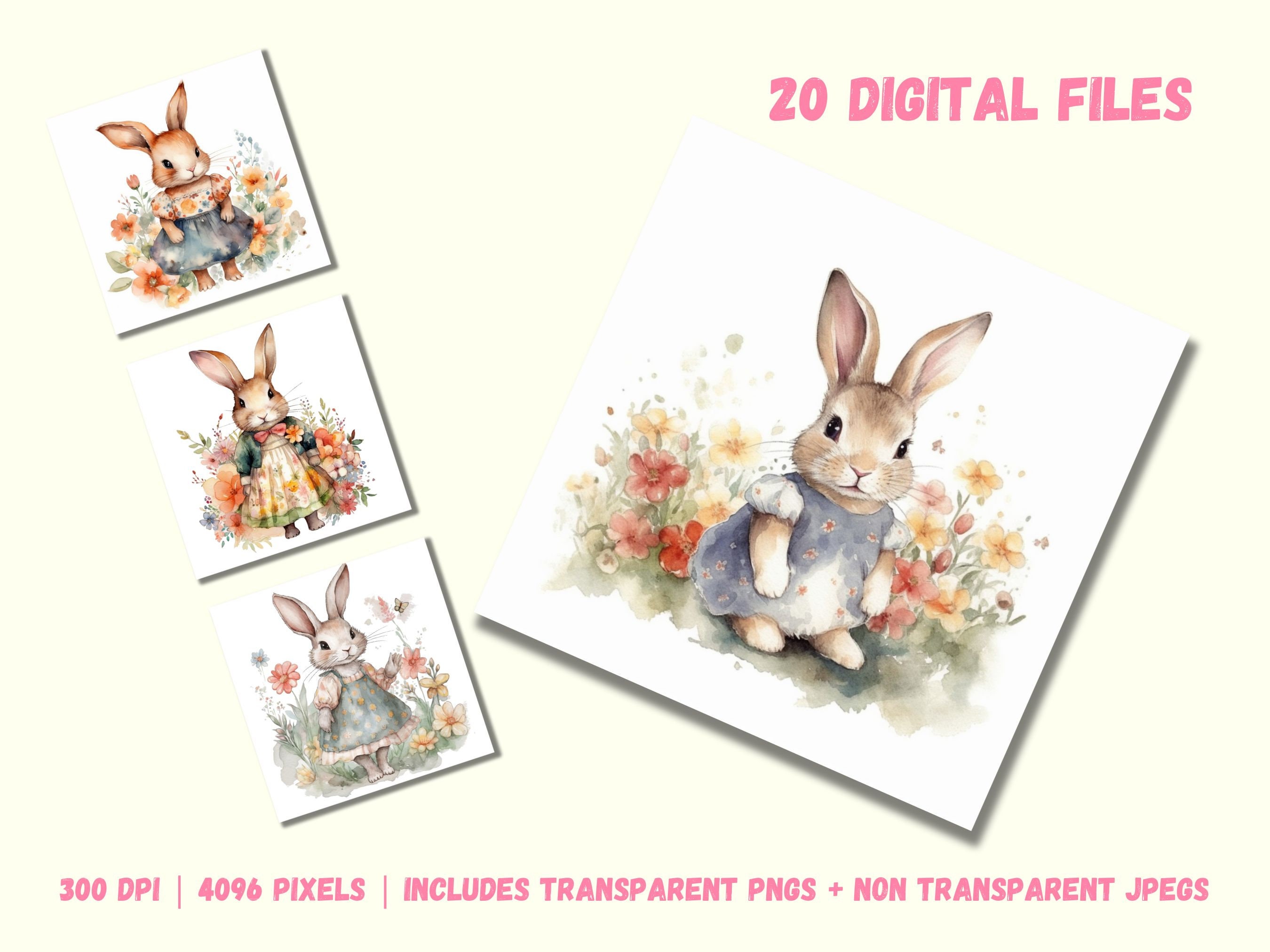Cute Bunnies Wearing Dresses Clipart Bundle of 20 Cute Rabbits in ...
