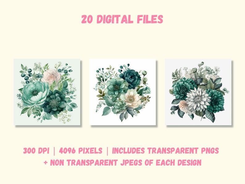 Emerald Flower Clipart Bundle of 20 Flower Clipart Watercolor Emerald ...