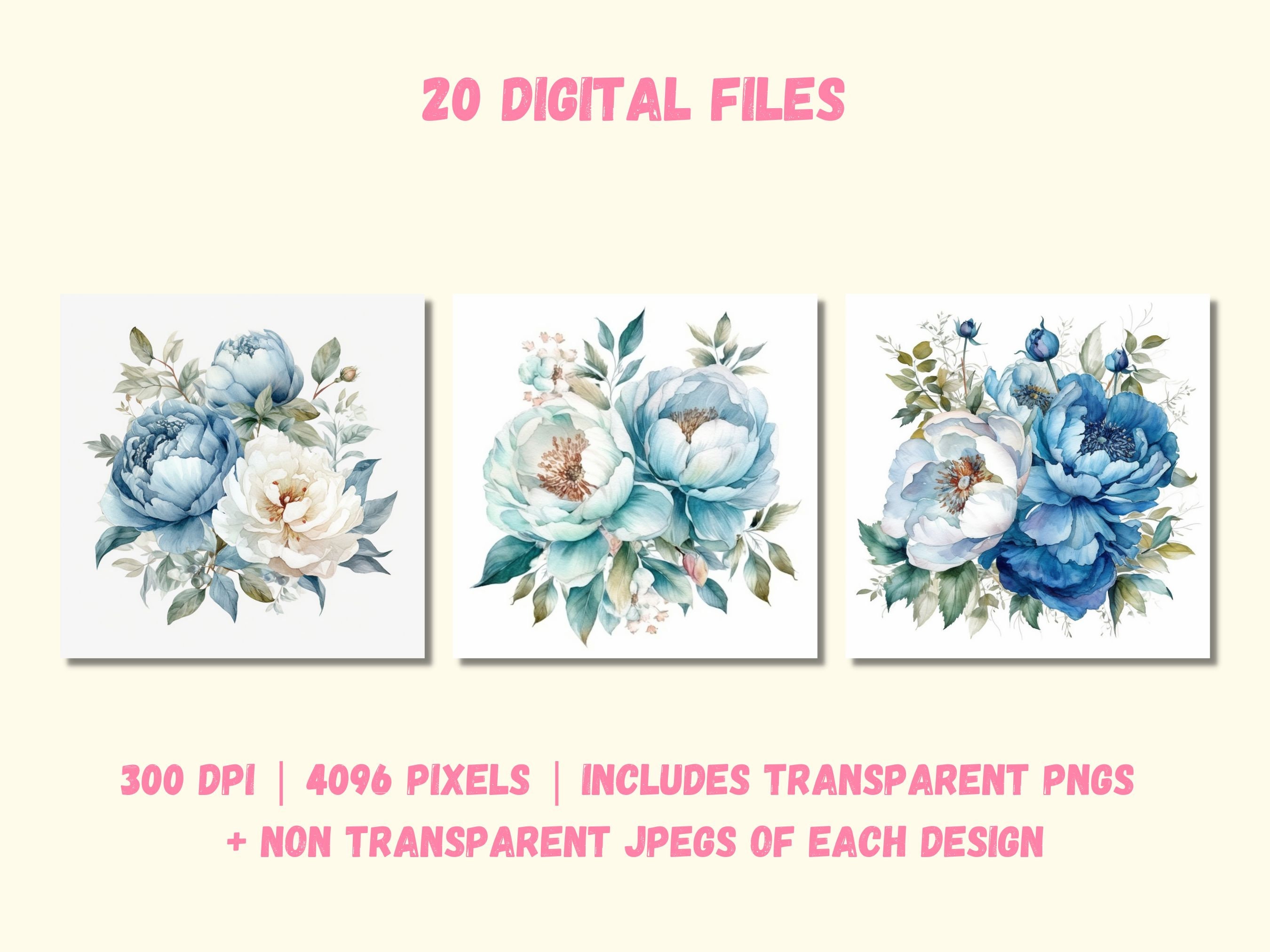 Watercolor Blue Peony Clipart Bundle of 20 Blue Peony Bouquet PNG ...
