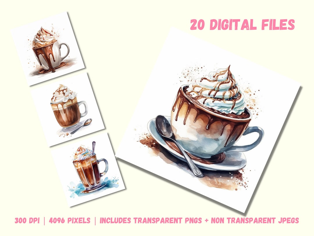 Watercolor Hot Chocolate Clipart Bundle of 20 Hot Cocoa Mug Clipart PNG ...