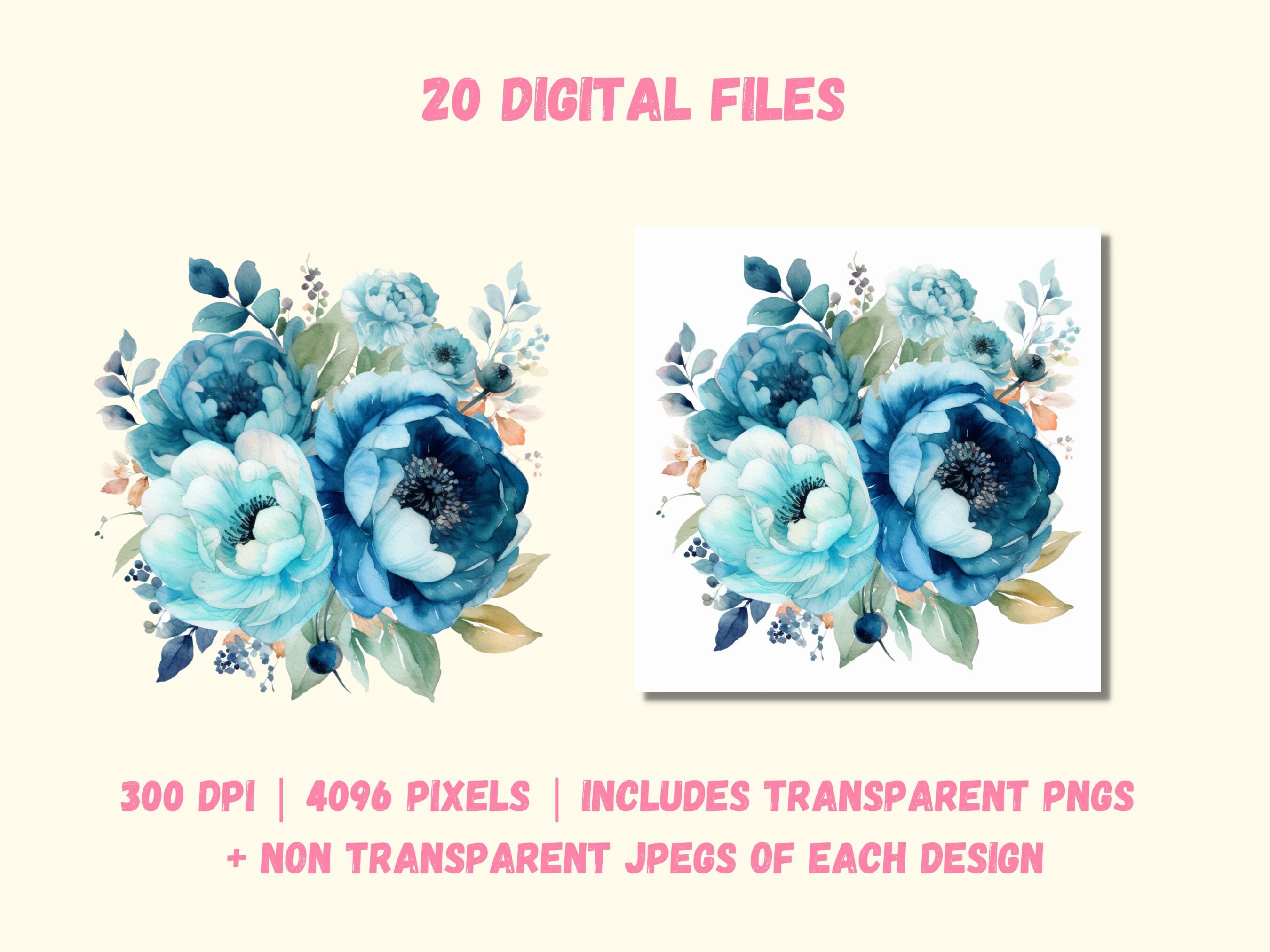 Watercolor Blue Peony Clipart Bundle of 20 Blue Peony Bouquet PNG ...