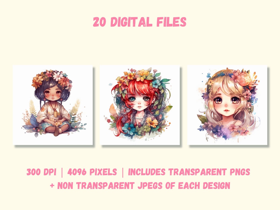 Floral Chibi Girl Clipart Watercolor Fairy Girls PNG Cute - Etsy