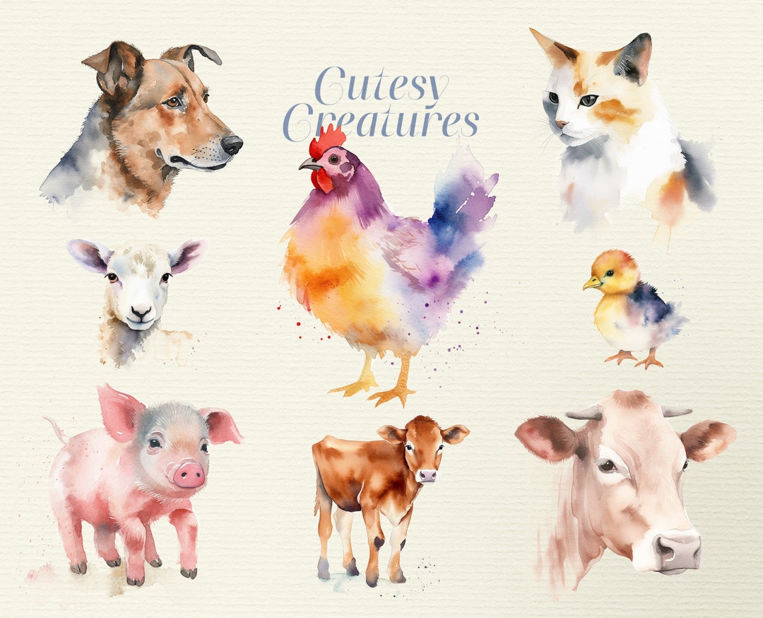 26 Watercolour Cute Farm Animals Clipart, PNG With Transparency, Deep ...