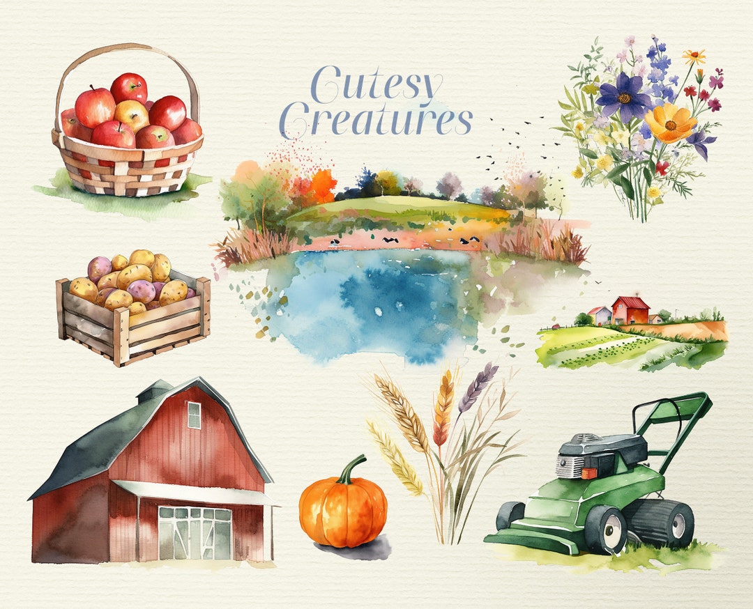 30 Watercolour Cute Farm Life Clipart Bundle, PNG With Transparency ...