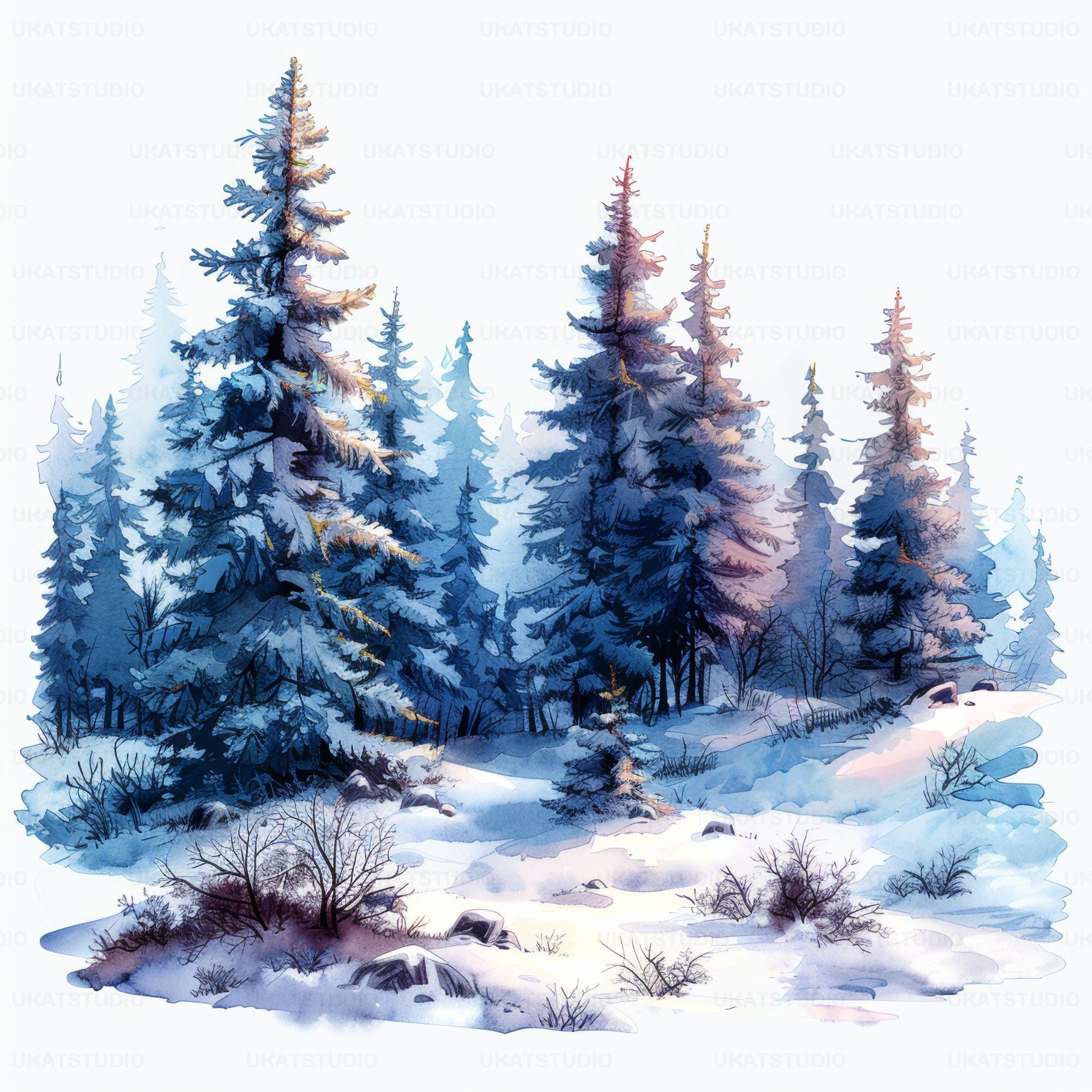 Watercolor Winter With Forest Clipart , 24 High Quality Images Jpgs ...