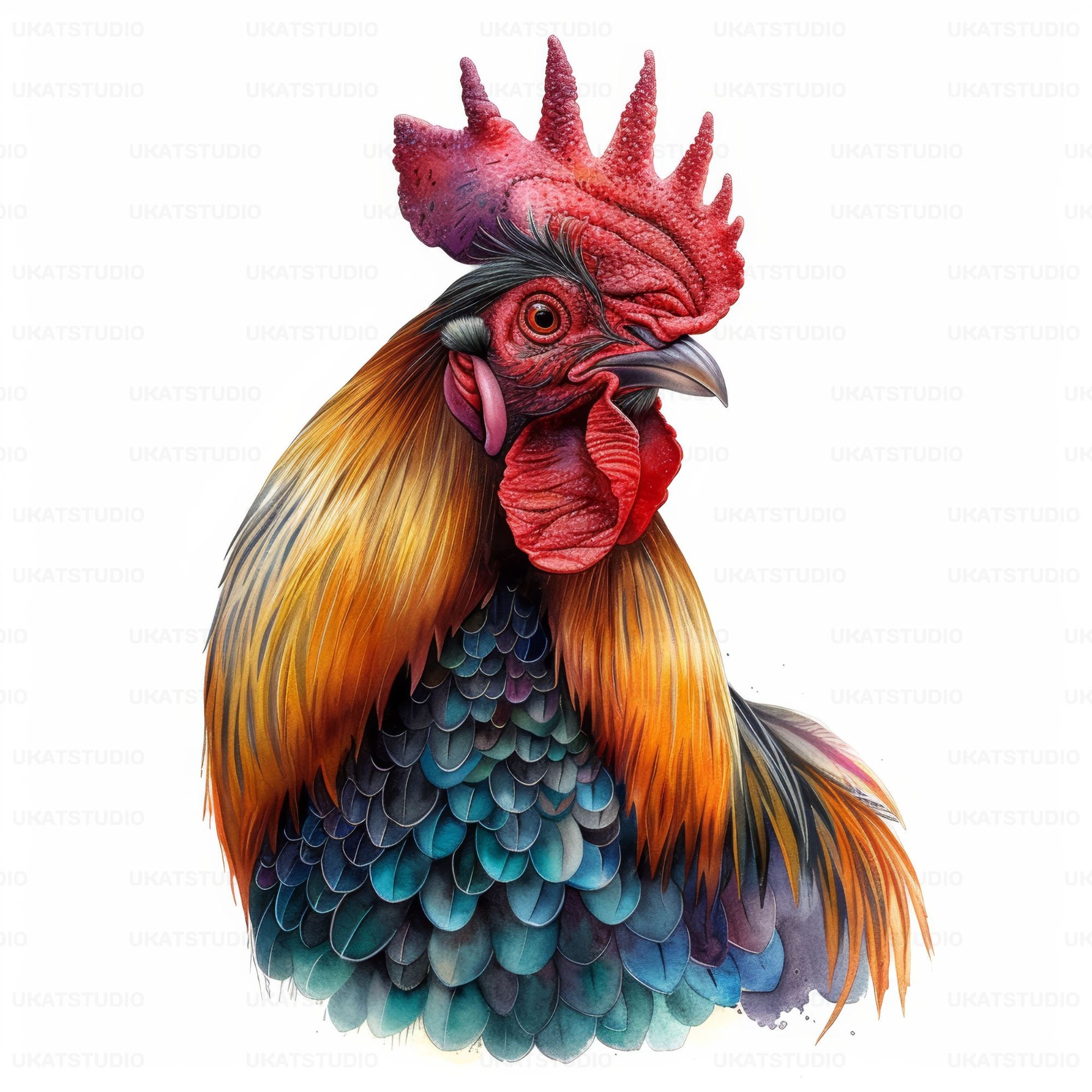 Colorful Rooster Portrait Clipart , 16 High Quality Images Jpgs Digital ...