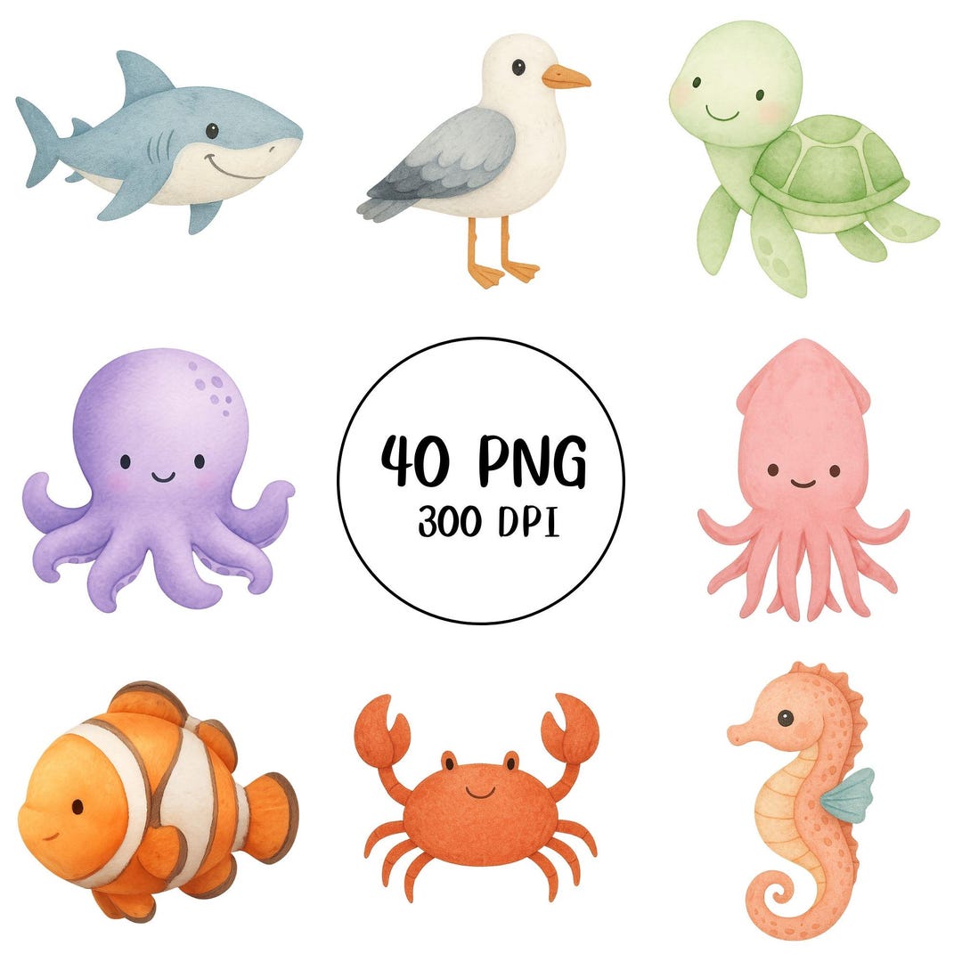Cute Underwater Animals Clipart | 40 PNG High Quality Digital Download ...