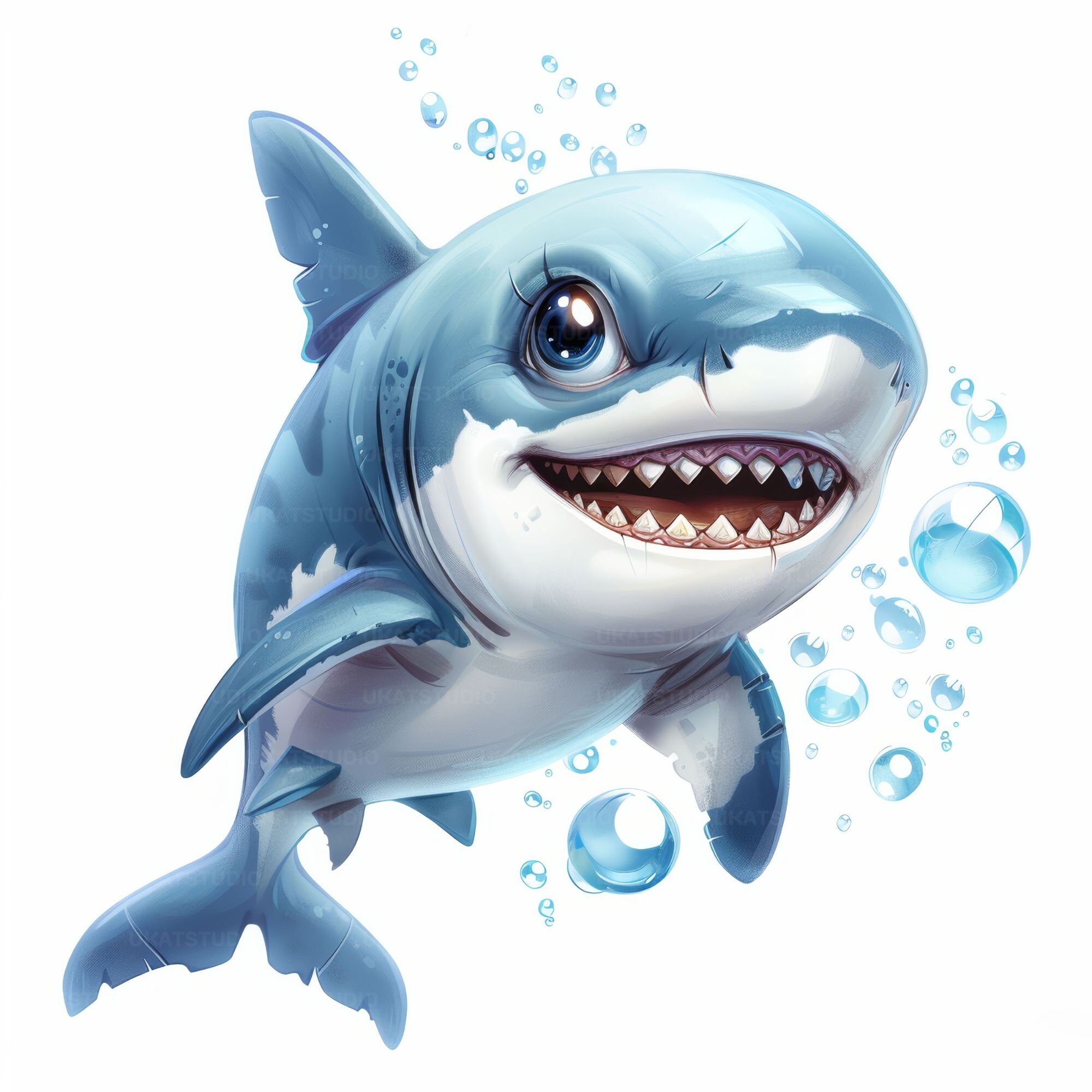 Cute Watercolor Shark With Bubbles Clipart , 24 High Quality Images ...