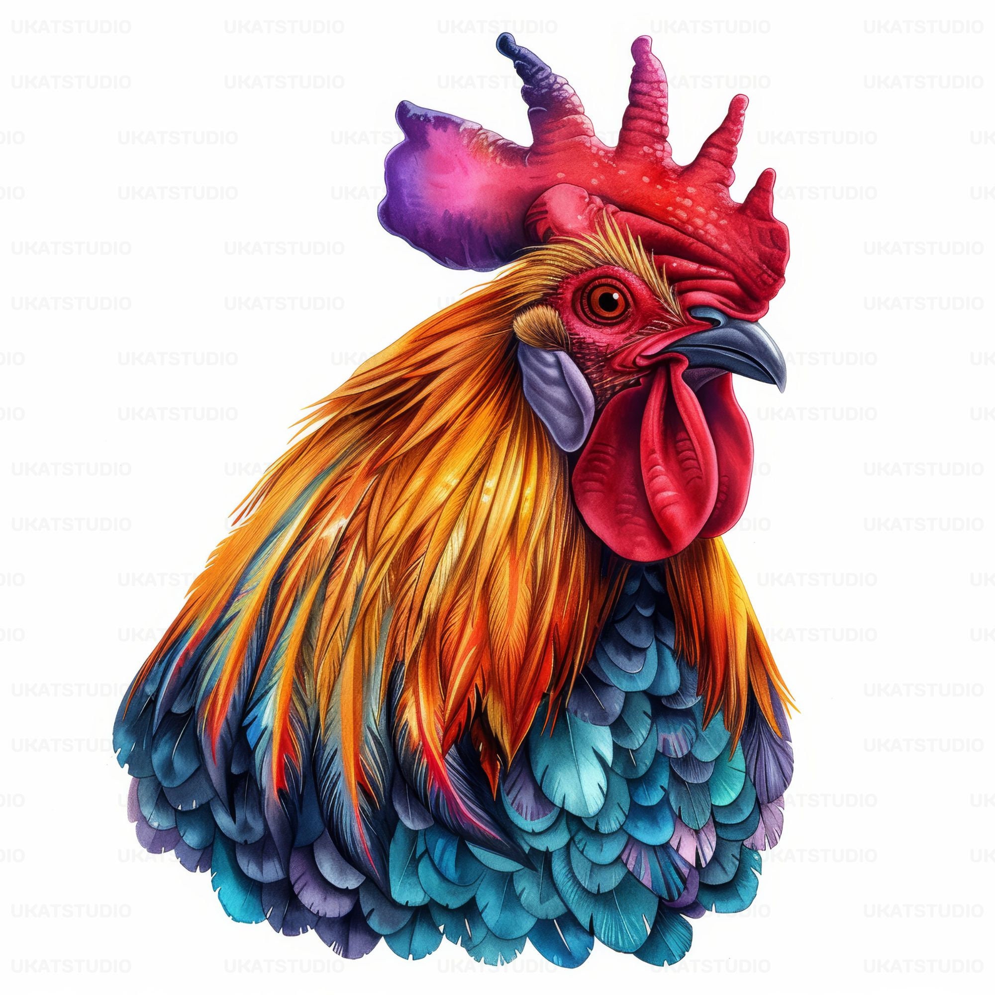 Colorful Rooster Portrait Clipart , 16 High Quality Images Jpgs Digital ...