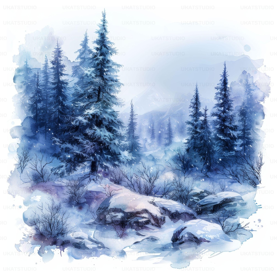 Watercolor Winter With Forest Clipart , 24 High Quality Images Jpgs ...