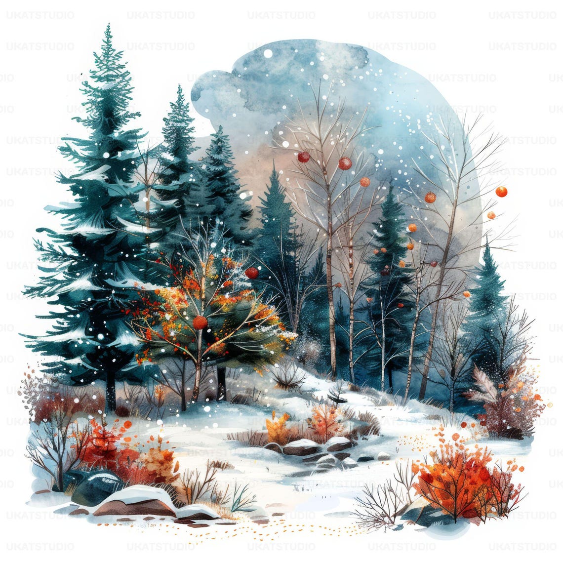 Watercolor Winter With Forest Clipart , 24 High Quality Images Jpgs ...