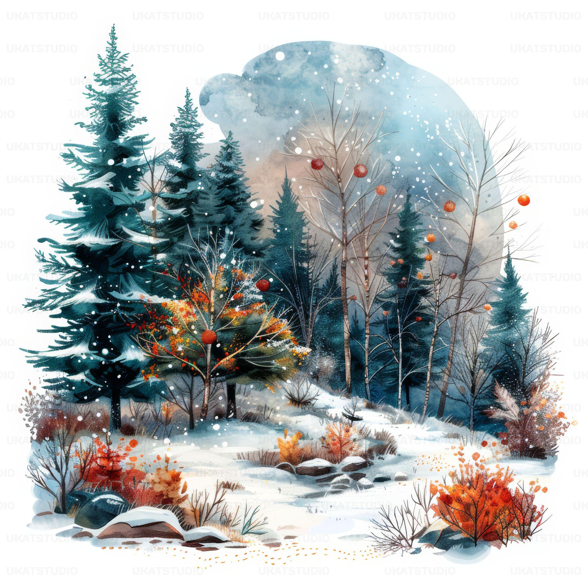 Watercolor Winter With Forest Clipart , 24 High Quality Images Jpgs ...