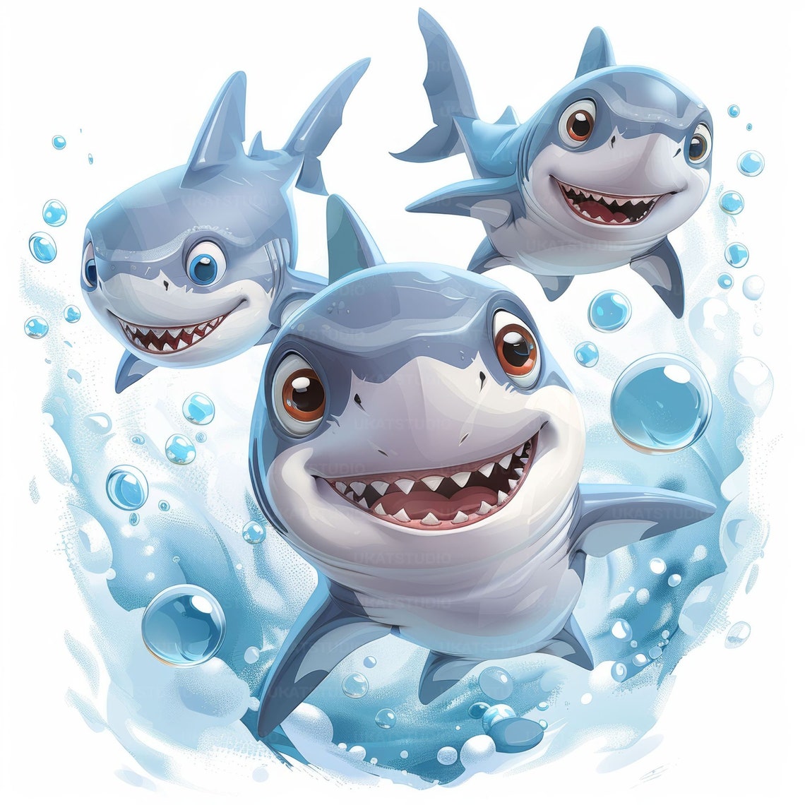 Cute Watercolor Shark With Bubbles Clipart , 24 High Quality Images ...