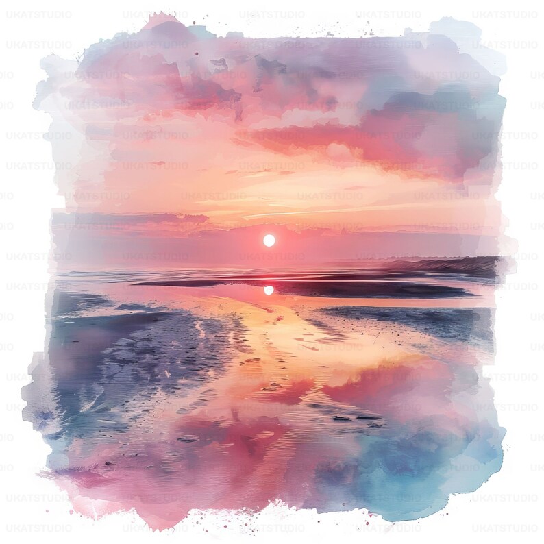 Sunset With Beach Scene Watercolor Clipart , 31 High Quality Images ...