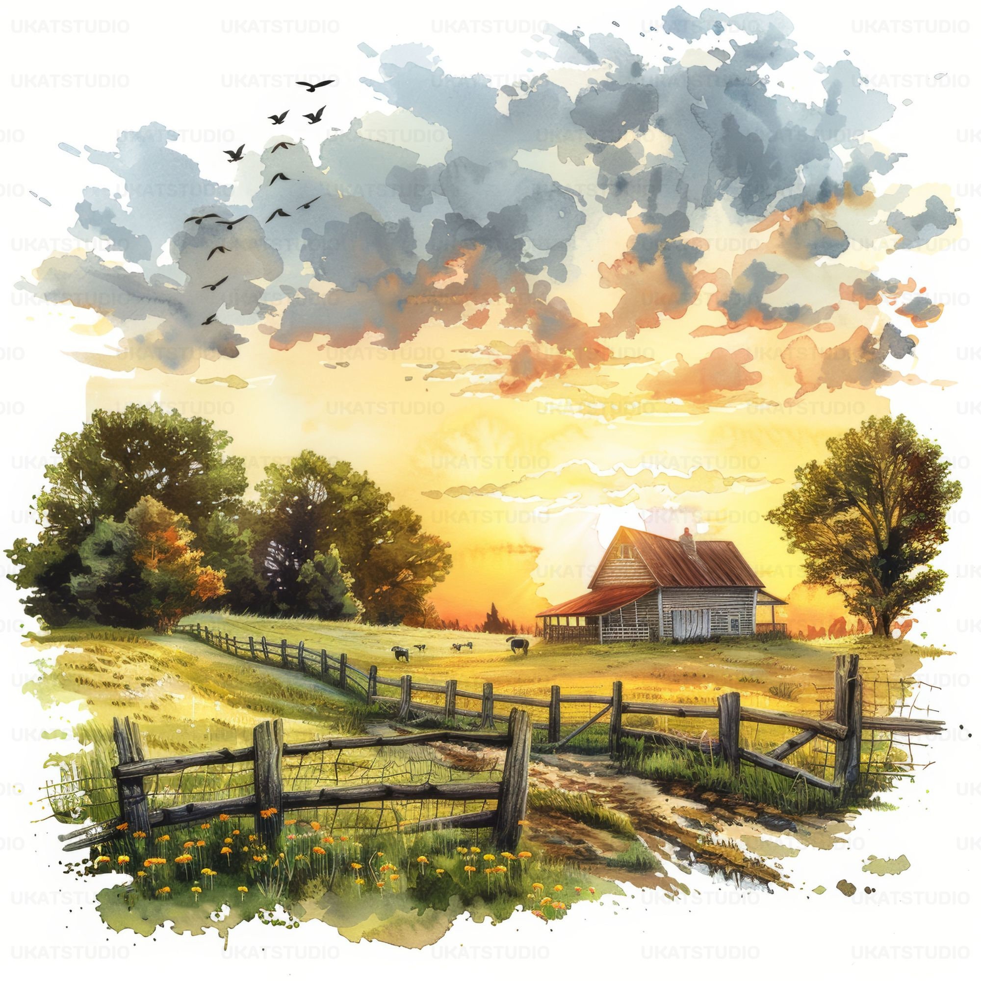 Farm in Sunrise With Animals Clipart , 23 High Quality Images Jpgs ...