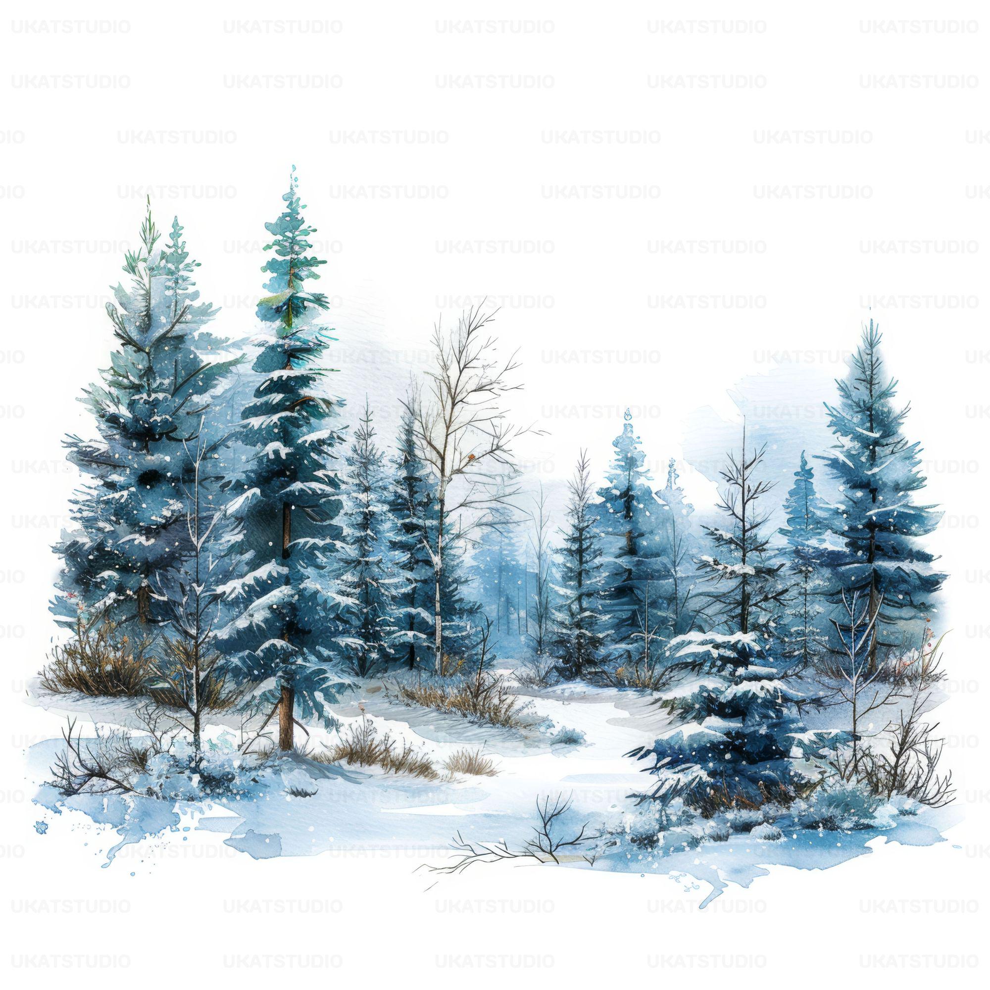 Watercolor Winter With Forest Clipart , 24 High Quality Images Jpgs ...