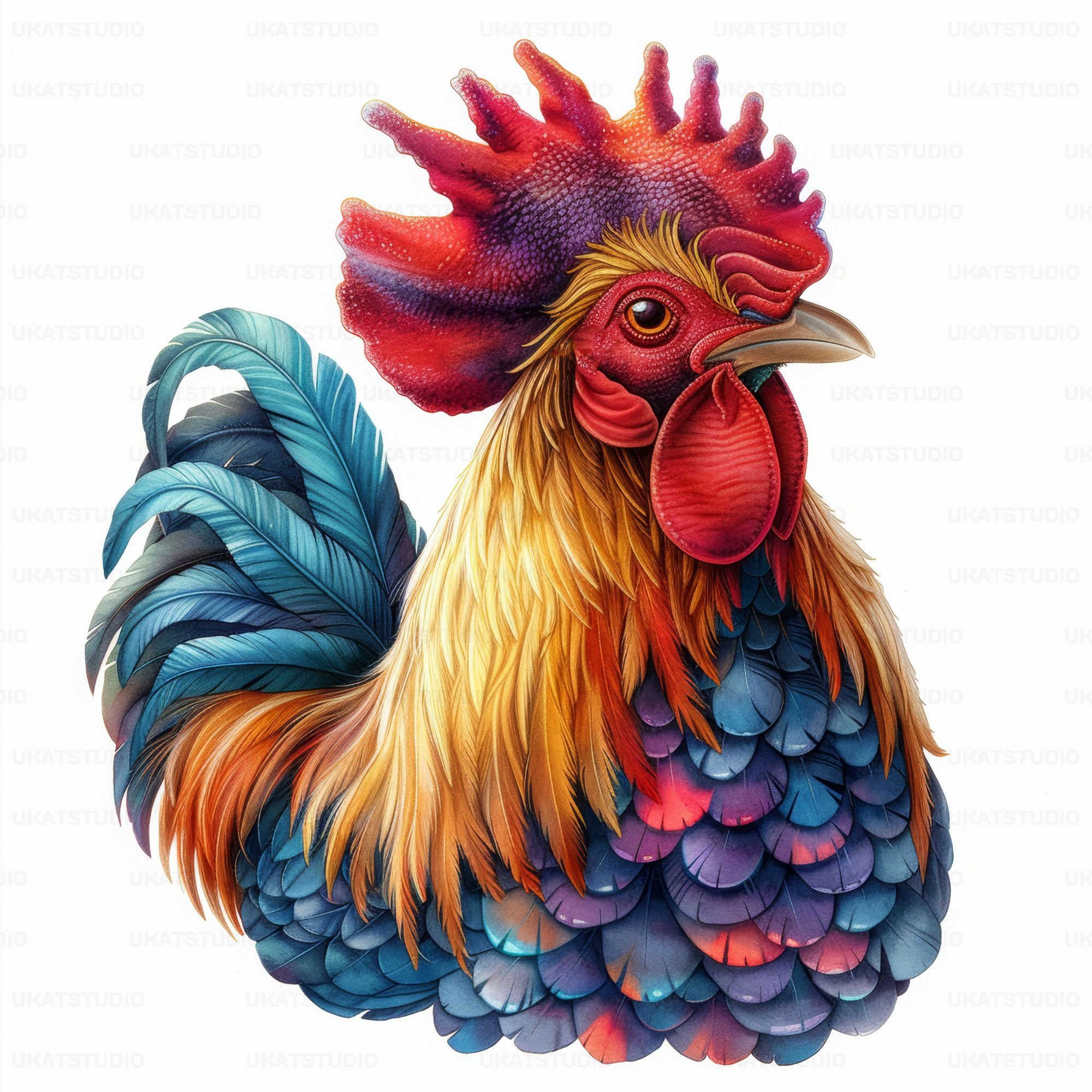 Colorful Rooster Portrait Clipart: High-quality Jpgs (digital Download ...