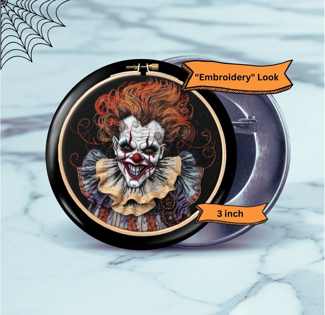 Scary Halloween Clown Button, Scary Clown Art With Unique 3D embroidery ...