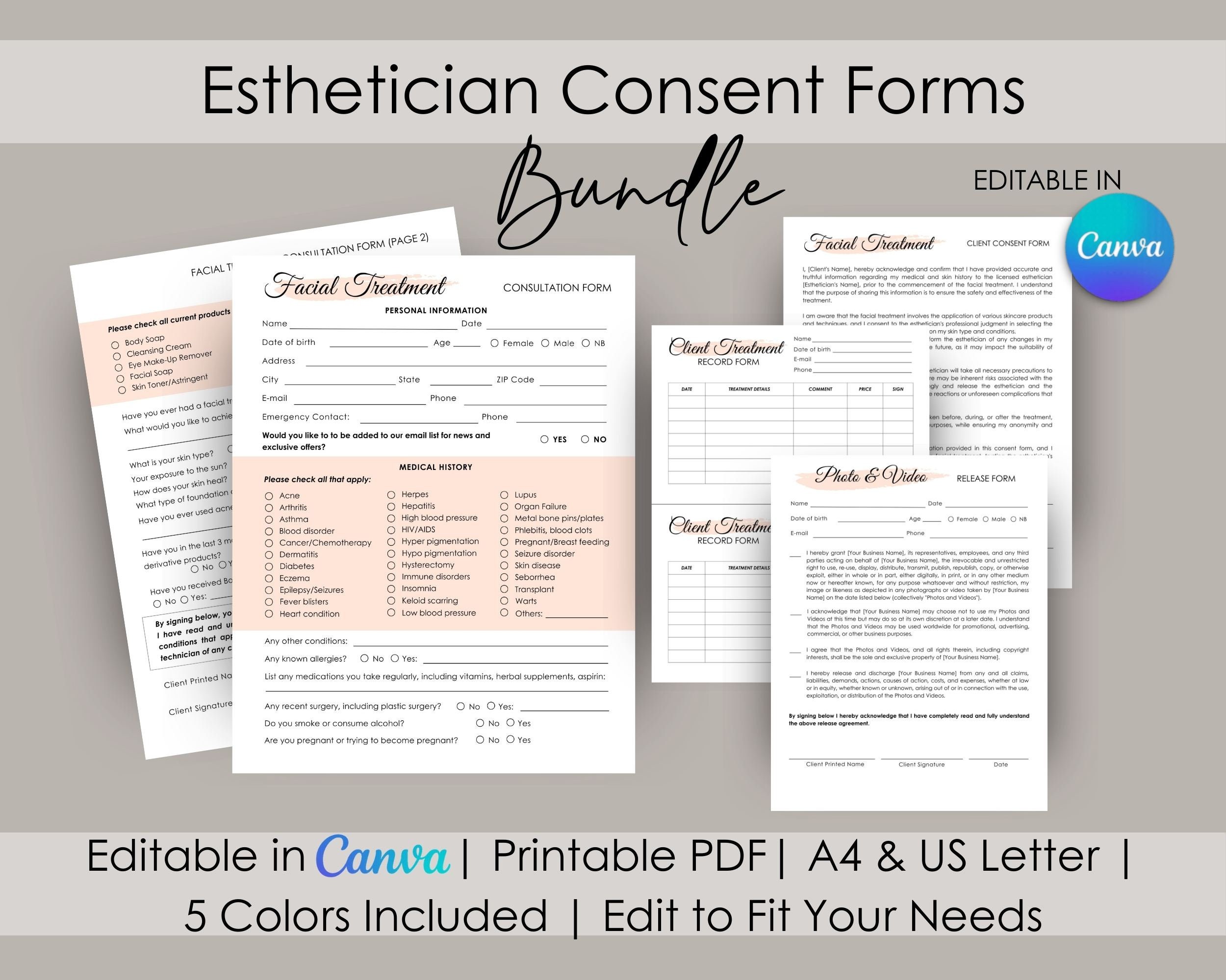 Esthetician Client Consent Form Bundle: Editable Facial Consultation (canva) - Etsy