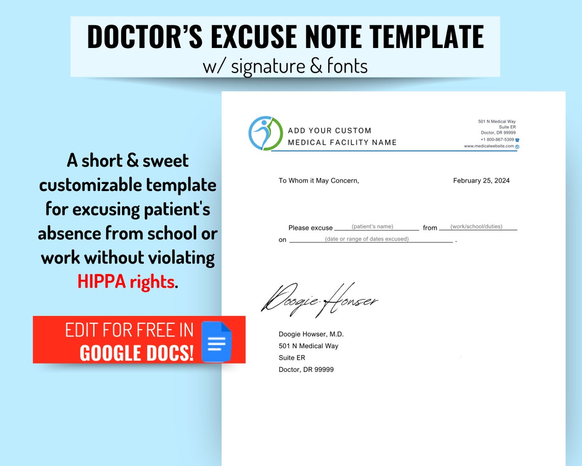Editable Doctor's Excuse Template: Medical Note (google Docs) - Etsy