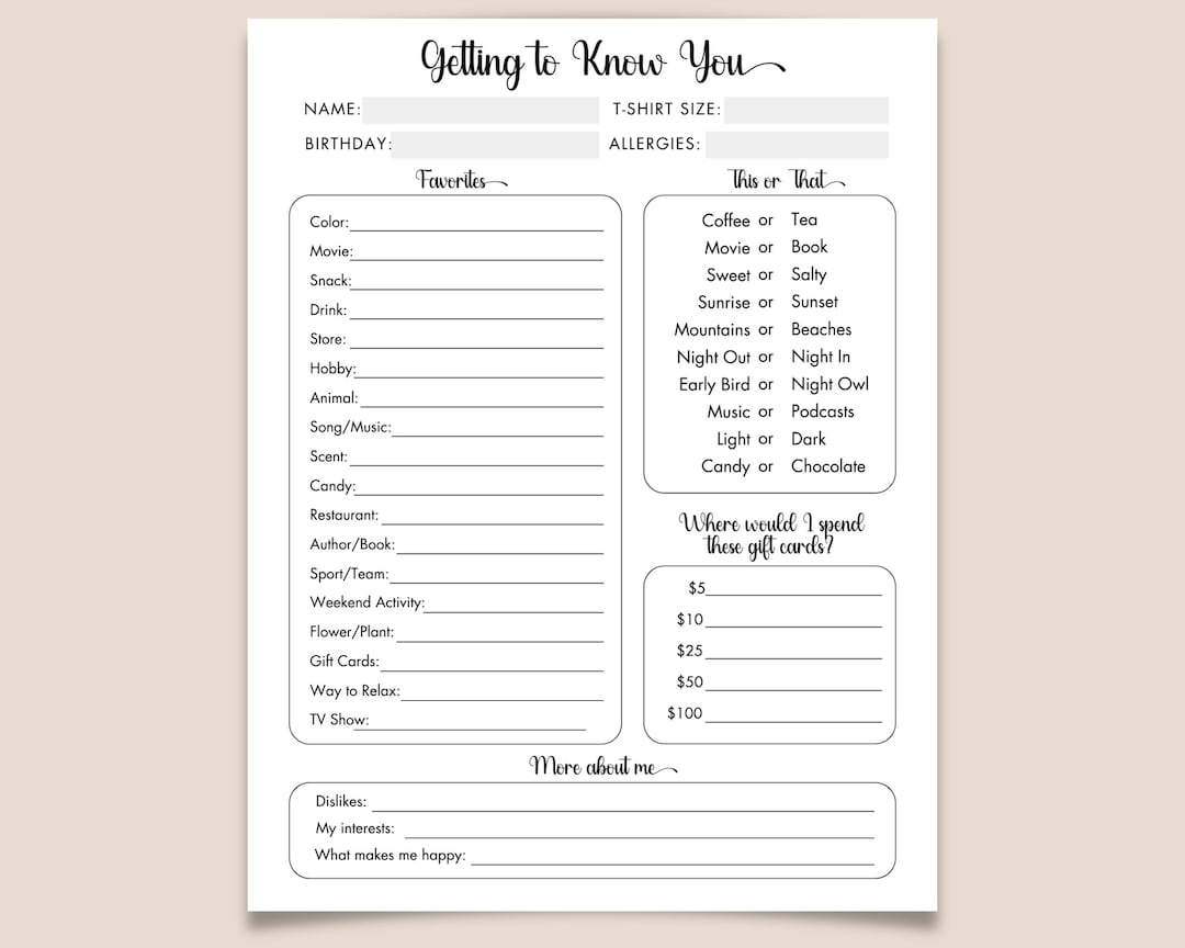 Staff Questionnaire Printable: Get to Know You Survey (digital Download ...