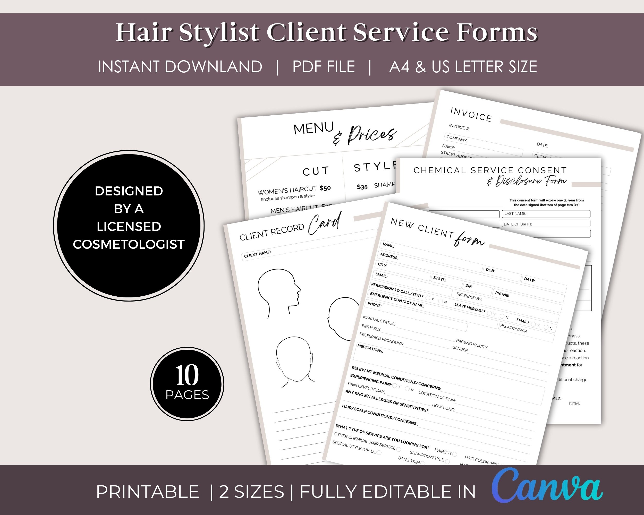 Editable Hair Stylist Client Forms, Hair Color Consultation Form, Salon ...