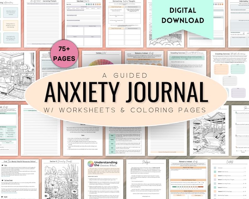 Anxiety Journal & Therapy Toolkit - Printable CBT Worksheets, Coloring ...