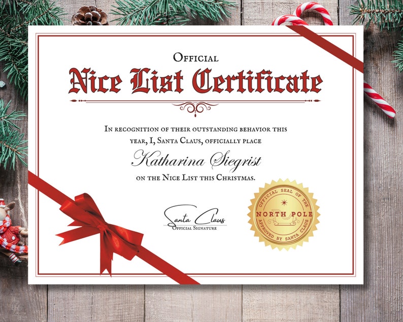 Editable Official Nice List Certificate From Santa Claus, Personalized ...