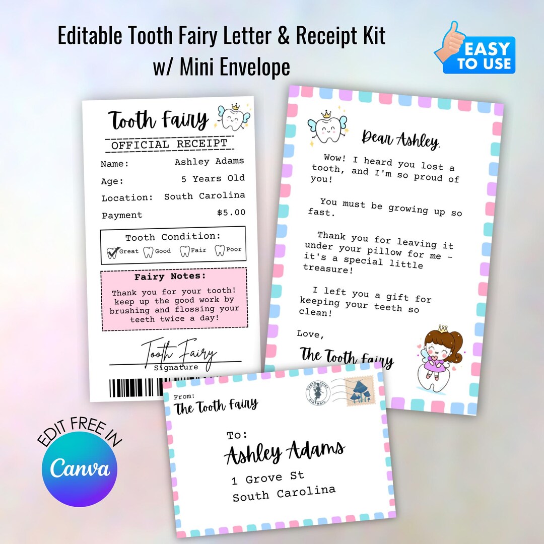 Printable Tooth Fairy Letter Kit: Mini Envelope & Receipt (digital ...