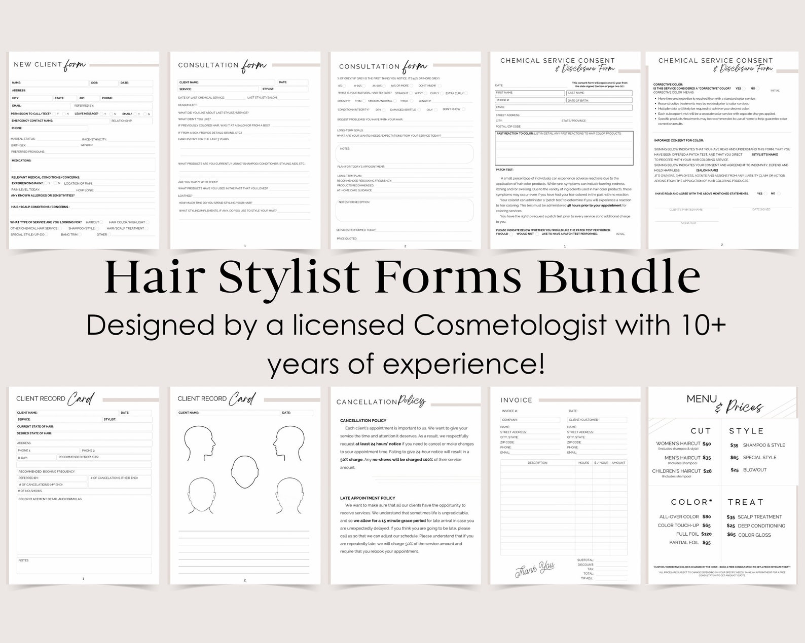 Editable Hair Stylist Client Forms, Hair Color Consultation Form, Salon ...
