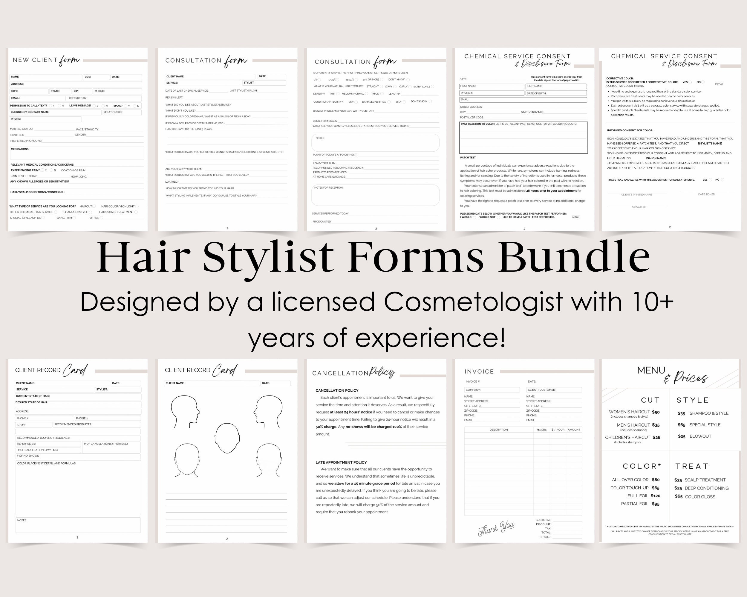 Editable Hair Stylist Client Forms, Hair Color Consultation Form, Salon ...